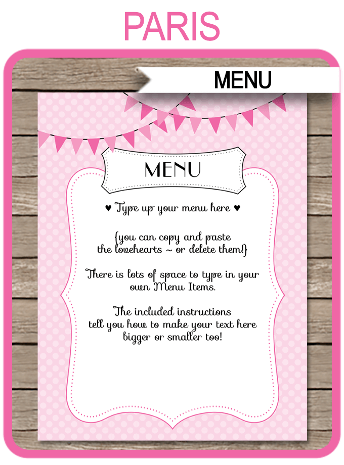 Paris Birthday Party Menu Template | Printable Paris Theme Decorations