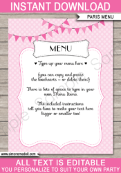 Paris Birthday Party Menu Template | Printable Paris Theme Decorations