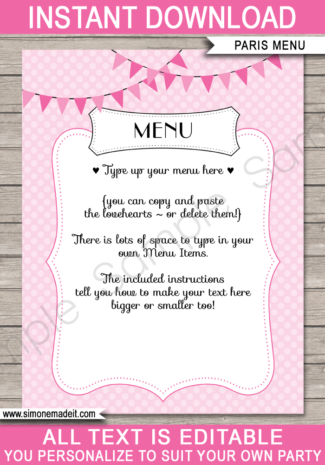 Paris Birthday Party Menu Template | Printable Paris Theme Decorations