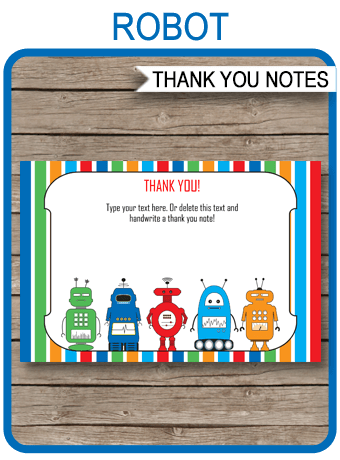 Robot Party Thank You Cards Template | Printable Birthday Favor Tags
