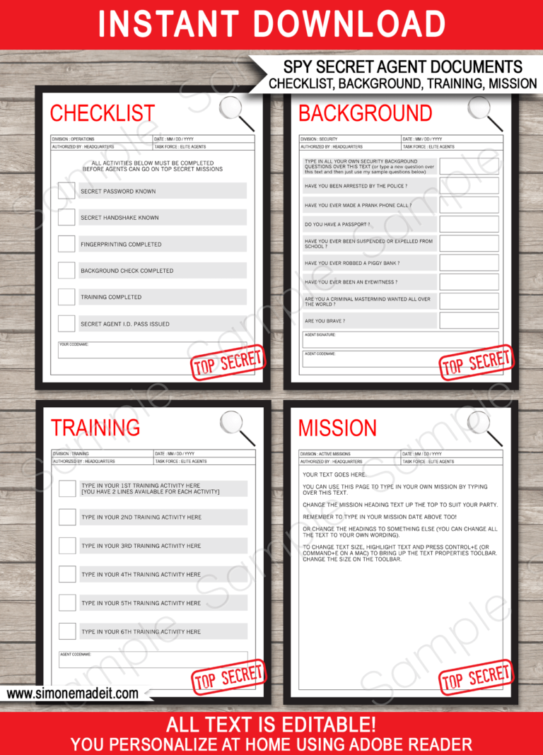 Spy Party Mission & Activities Checklist Template | Printable Secret ...