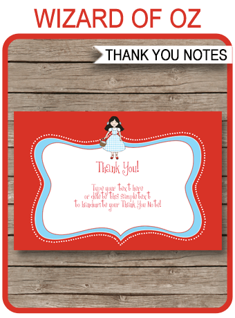 Wizard of Oz Party Thank You Cards Template | Printable Favor Tags